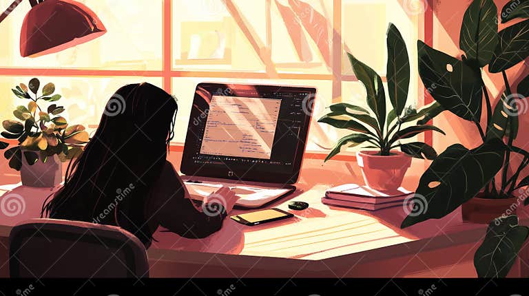 Modern Digital Learning Environment with Student Using Computer in Cozy Home Office Stock ...