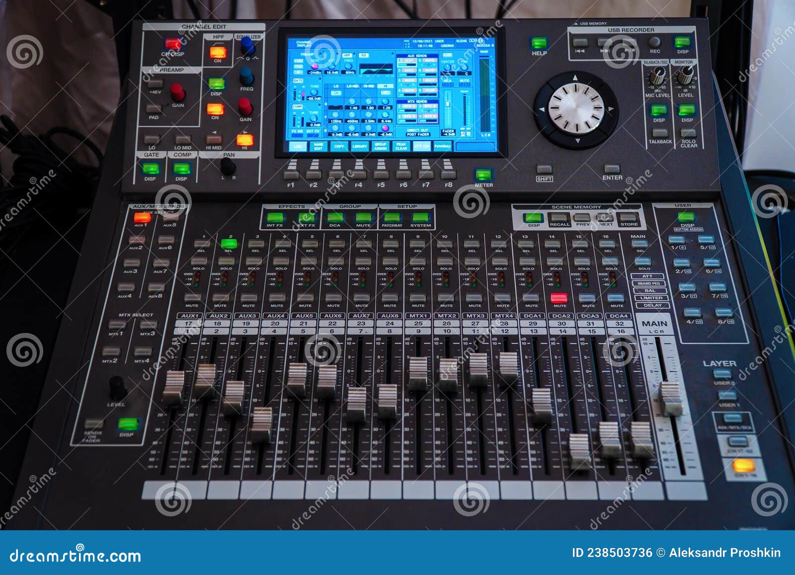 Modern Digital Mixing Console with Faders, Control Buttons and Screen ...