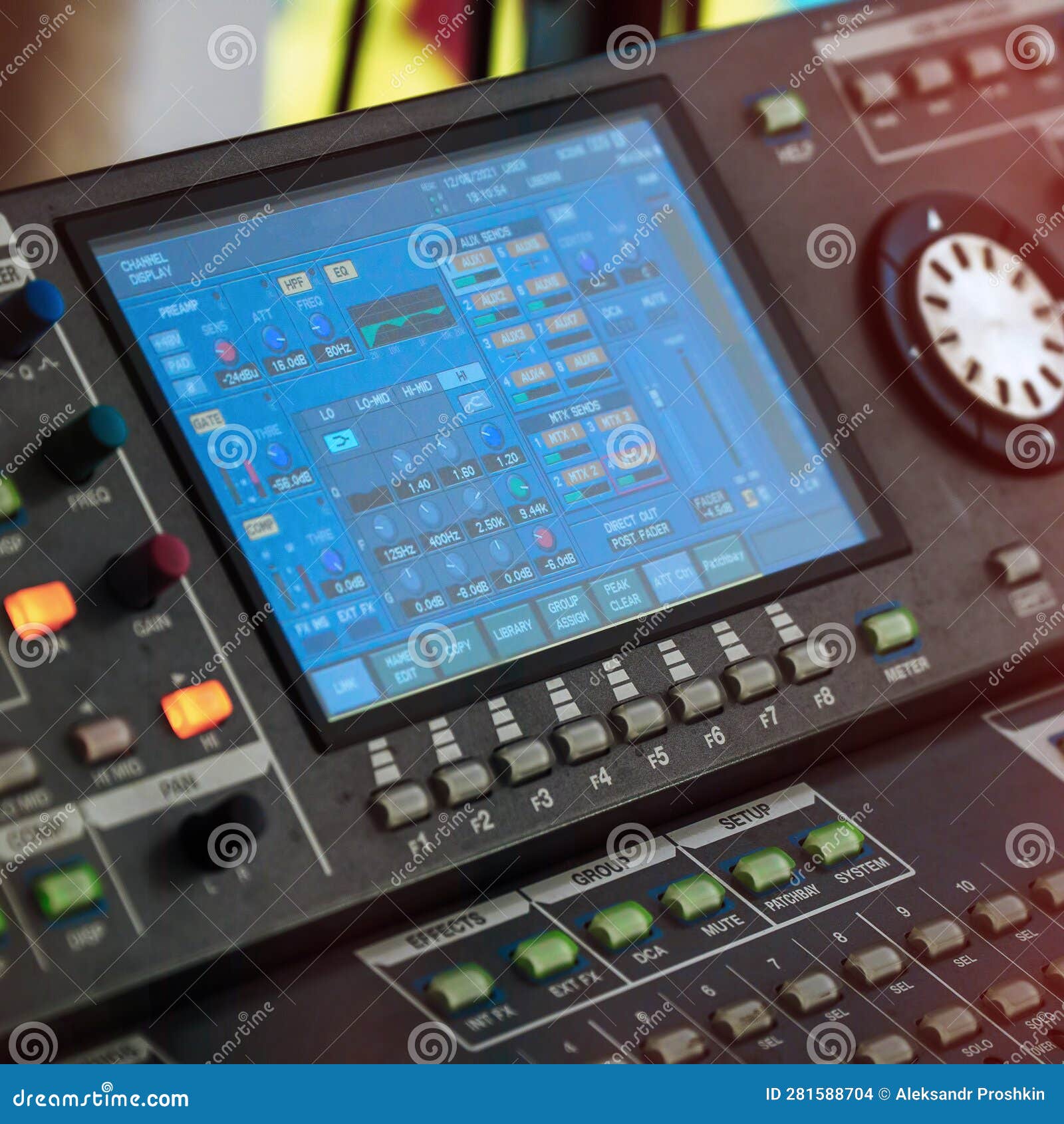 Modern Digital Mixing Console with Faders, Control Buttons and Screen ...