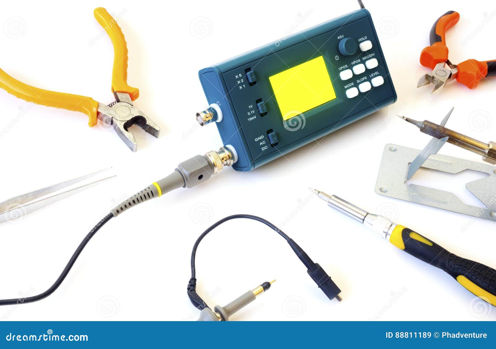 Modern Digital Signal Oscilloscope and Tools Isolated on White ...