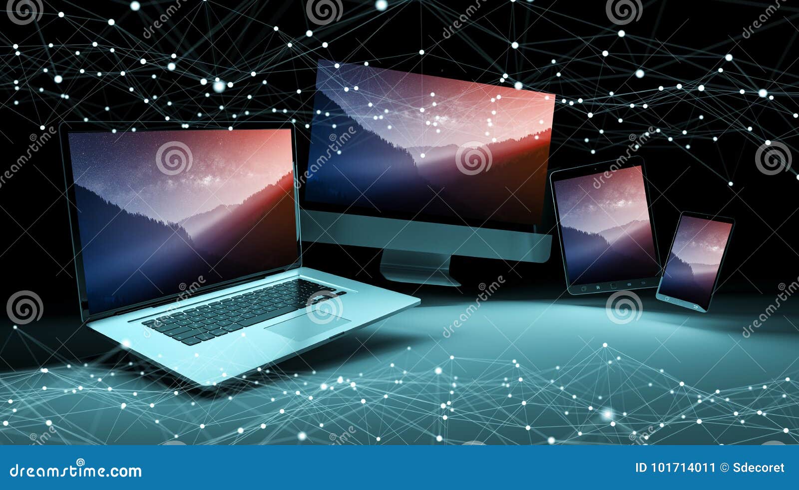 Modern Digital Tech Device Connected To Each Other 3D Rendering Stock ...