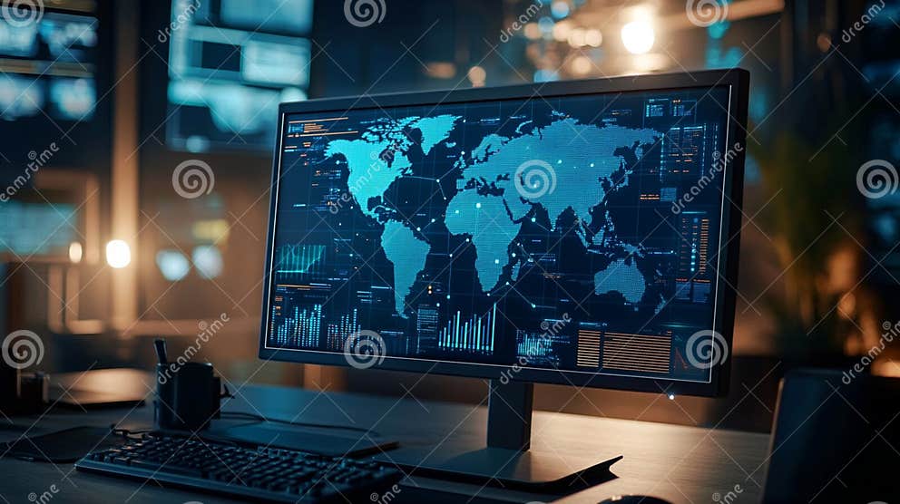 Global Network Data Visualization Modern Digital World Map Computer Screen Technology Blue Dark ...