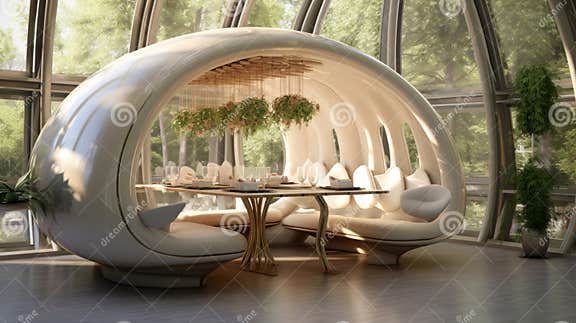 Modern Dining Pod with Panoramic Views of Trees through Large Windows ...