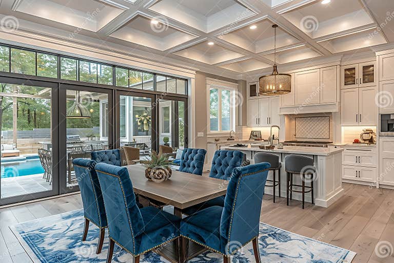 Modern Dining Room with Pool View and Coffered Ceiling Stock Image ...