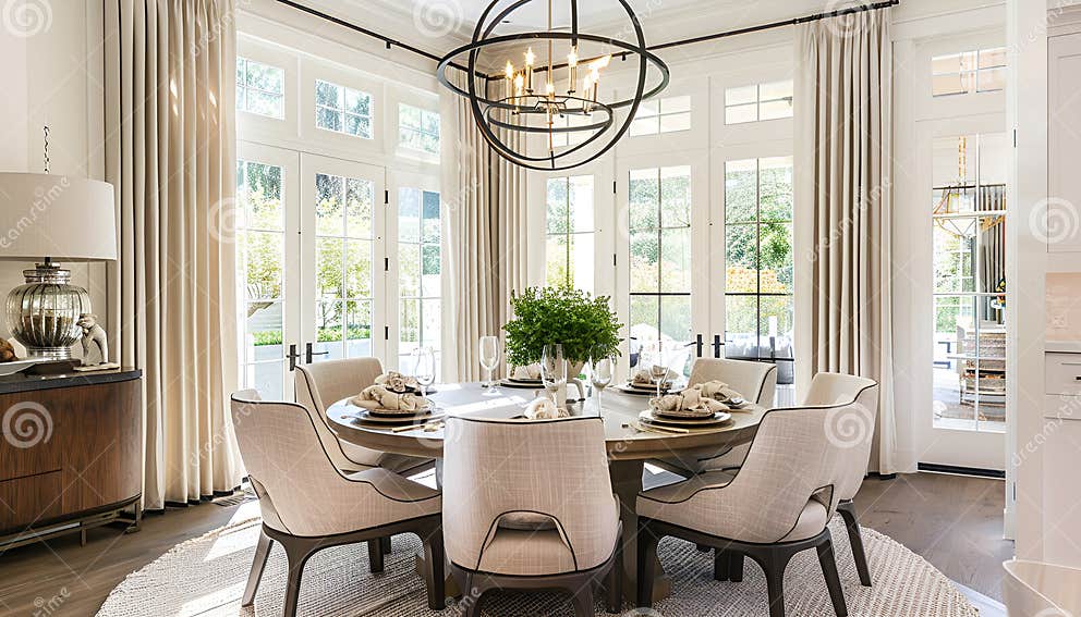 Modern Dining Space with Round Table Upholstered Chairs Statement Light ...