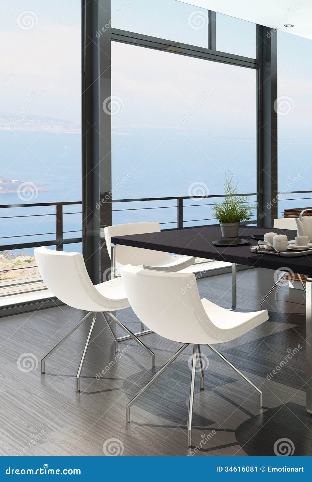 Modern Dining Table Against Floor To Ceiling Window with Landscape View ...