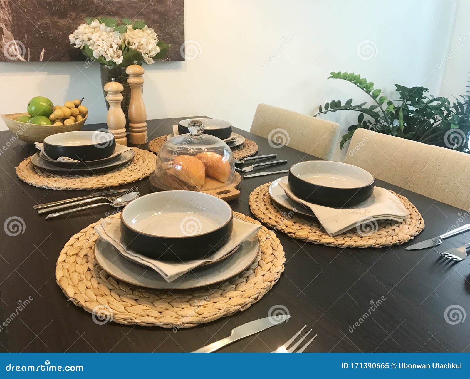 Modern Dining Table Set in Brown Tone Stock Image - Image of tableware ...