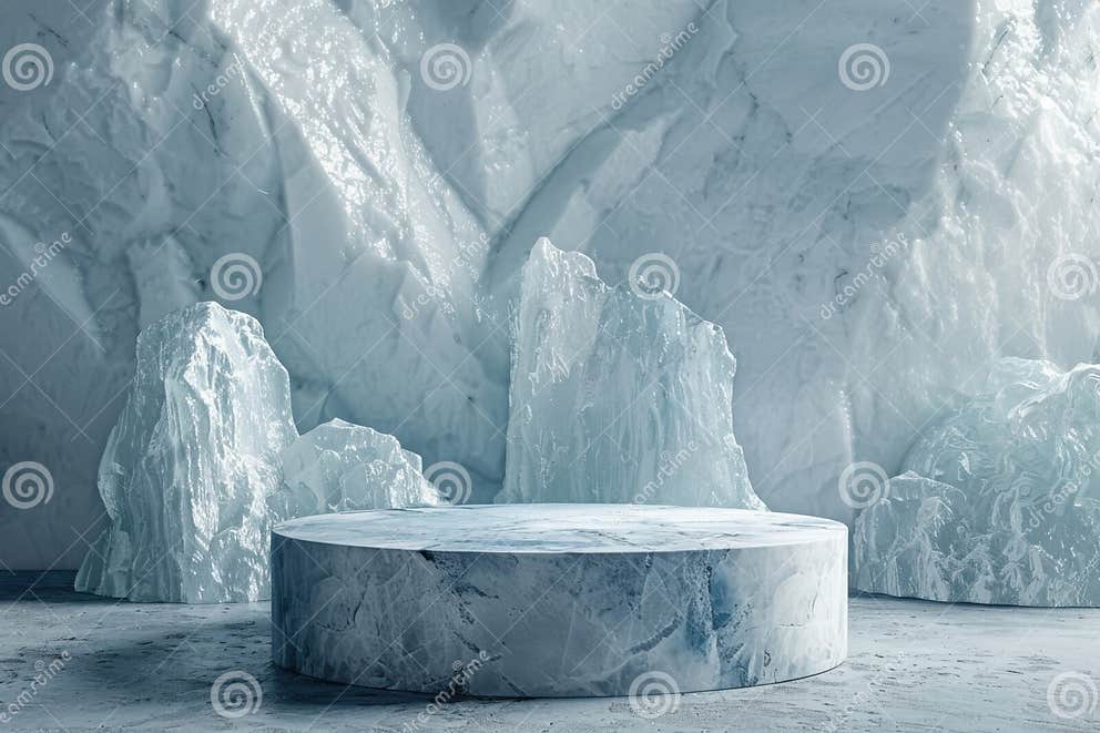 Modern Display Platform in a Cool Ice Cave Setting with Icy Formations ...
