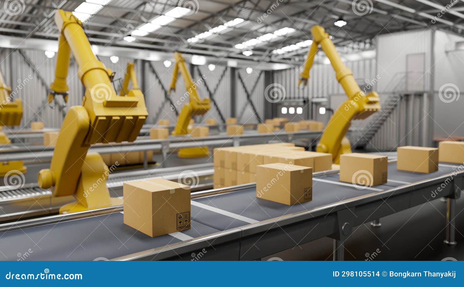 A Modern Distribution Warehouse with Modern Robot Arms and Cardboard ...