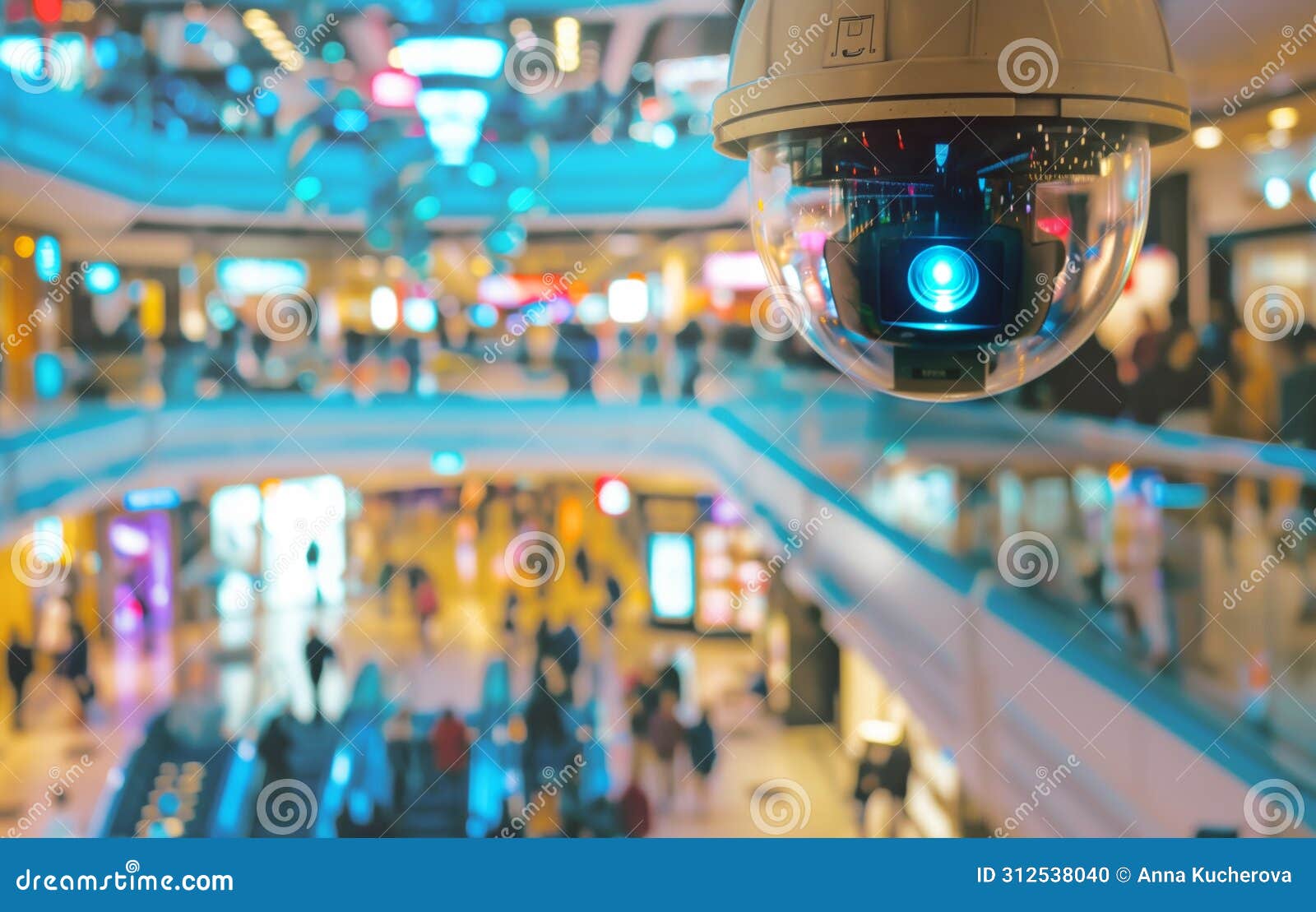 Modern Dome Surveillance Camera in a Vibrant Shopping Mall Interio ...