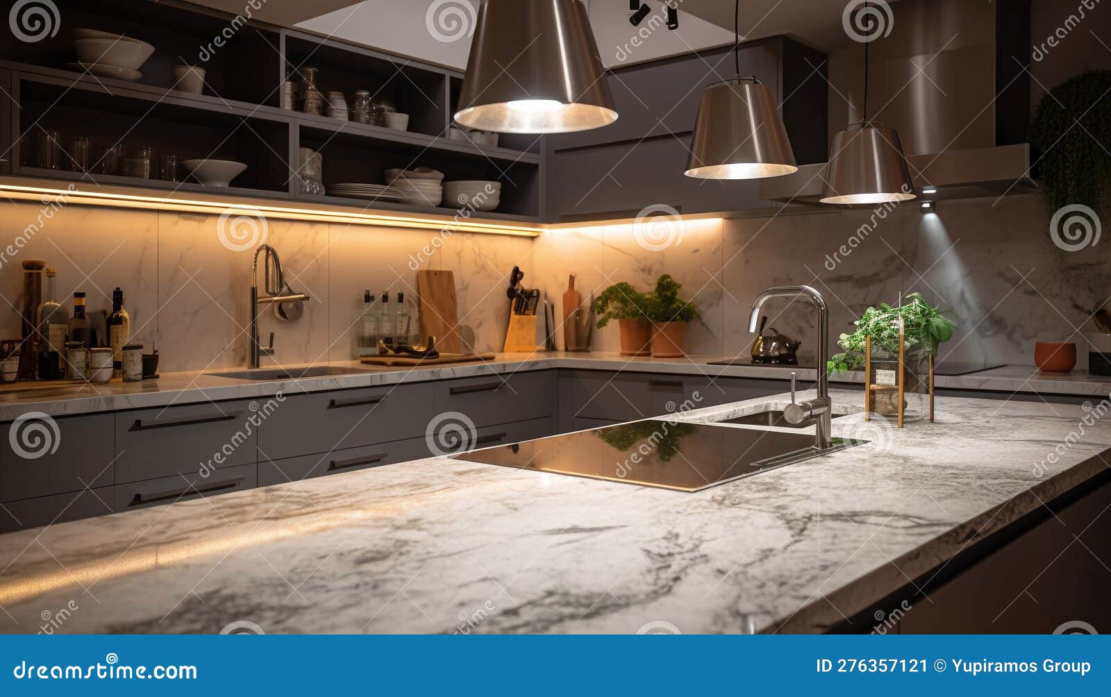 Modern Domestic Kitchen with Elegant Marble Countertops Generated by AI ...