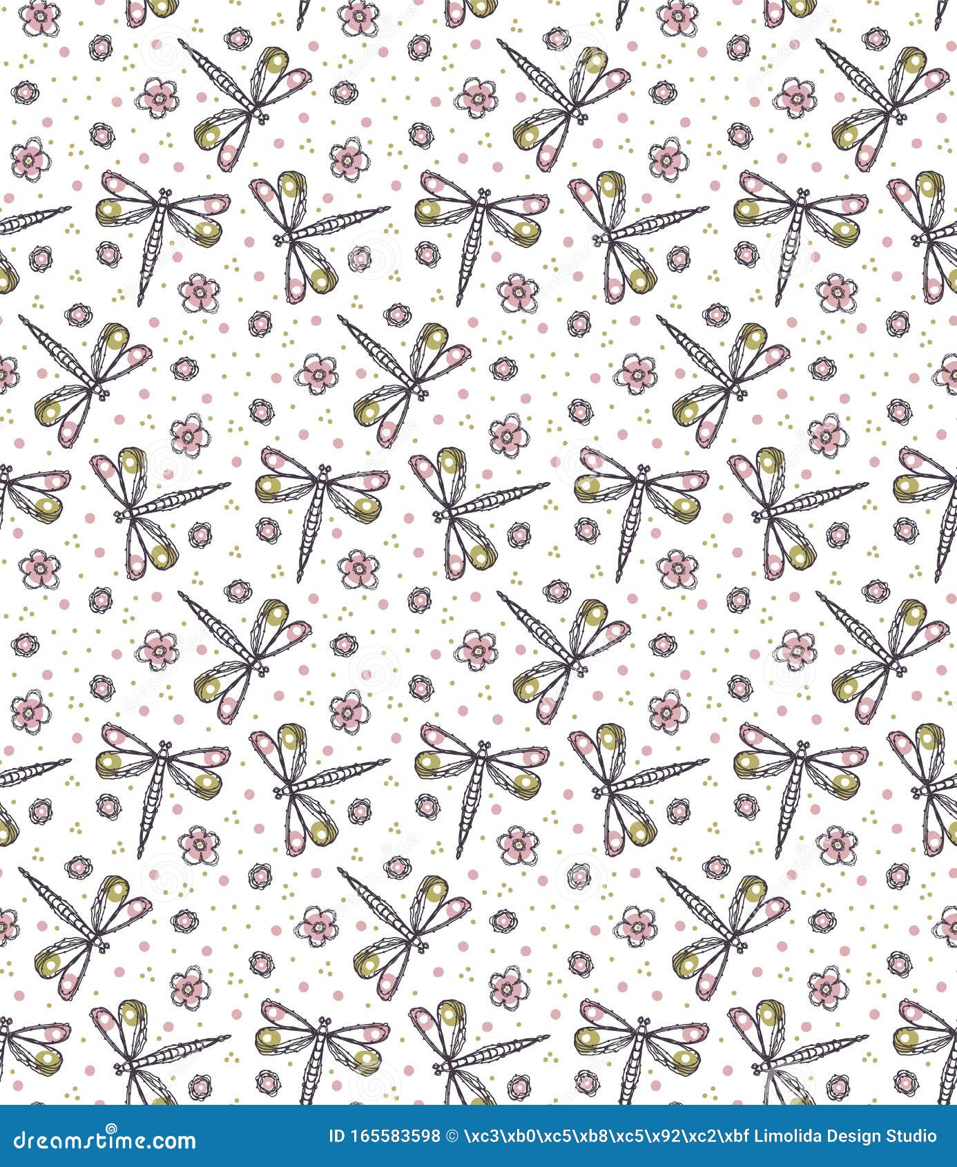 Modern Doodle Daisy Dragonfly Seamless Pattern. Hand Drawn Scribble ...