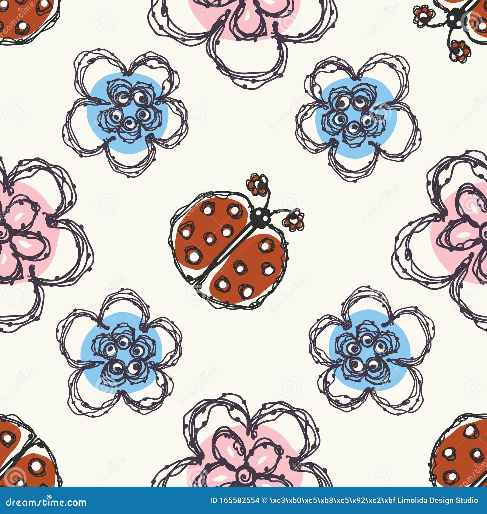 Modern Doodle Daisy and Ladybug Seamless Pattern. Hand Drawn Scribble ...