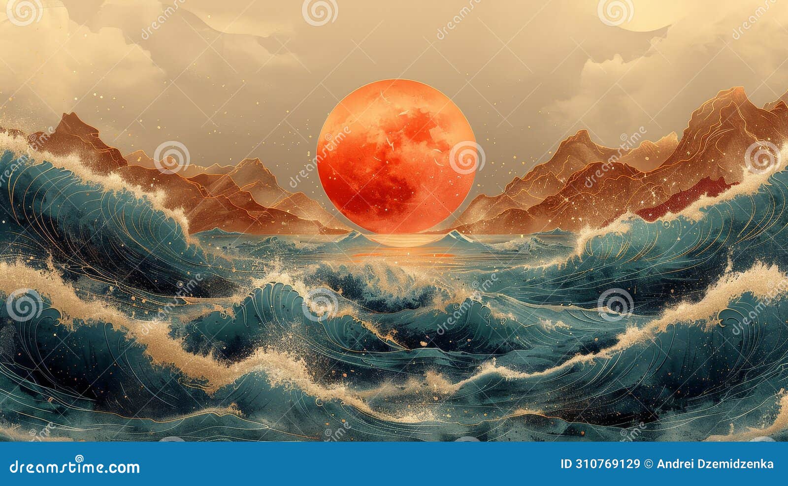 Modern Drawing of Hand Drawn Wave Elements with Gold Line Pattern in ...