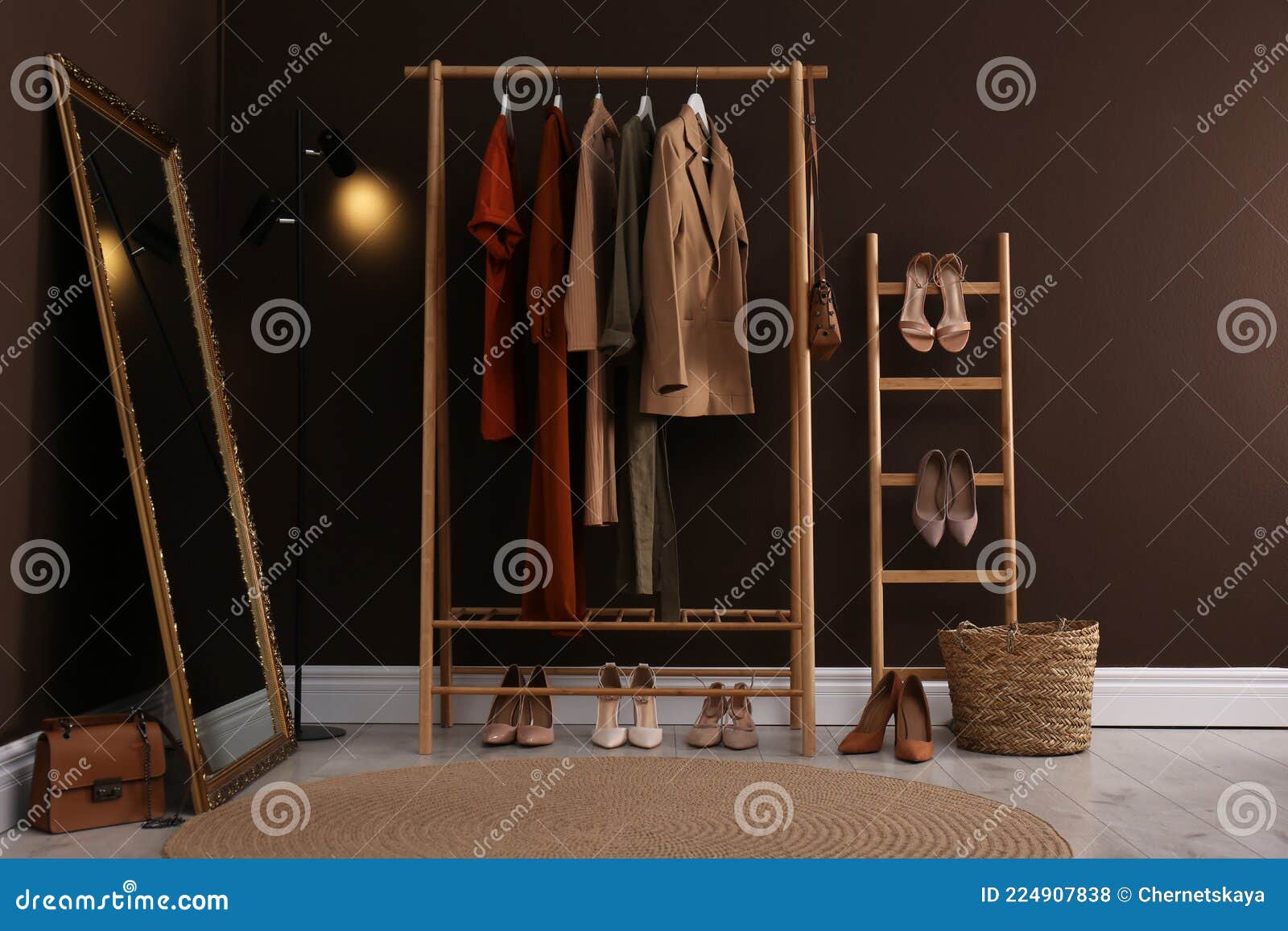 Modern Room Interior with Clothing Rack and Mirror Stock Photo - Image ...