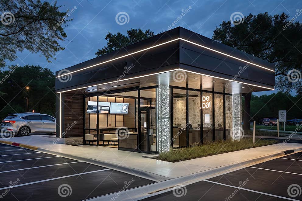 Modern Drive-thru Restaurant with Sleek Design and Interactive Kiosks ...