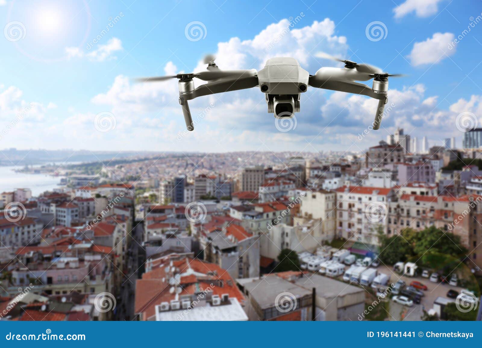 Modern Drone Flying Over City. Aerial Survey Stock Image - Image of ...