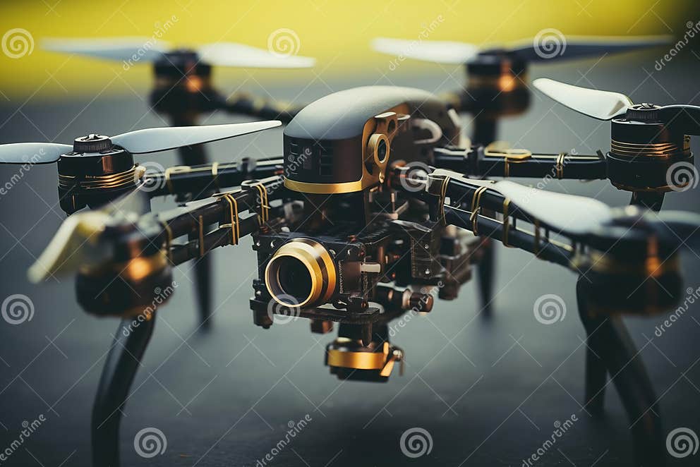 Modern Drone with High-resolution Camera and Gold Accents Stock ...
