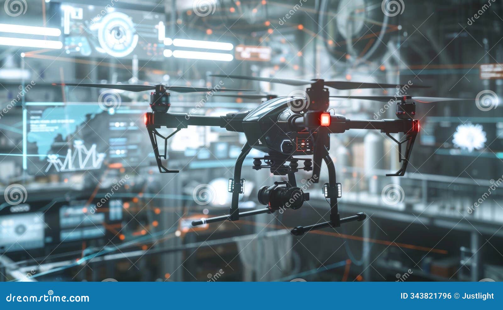 Modern Drone Hovering in Technological Control Room with Futuristic Hud ...