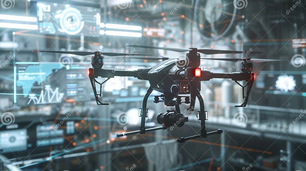 Modern Drone Hovering in Technological Control Room with Futuristic Hud ...
