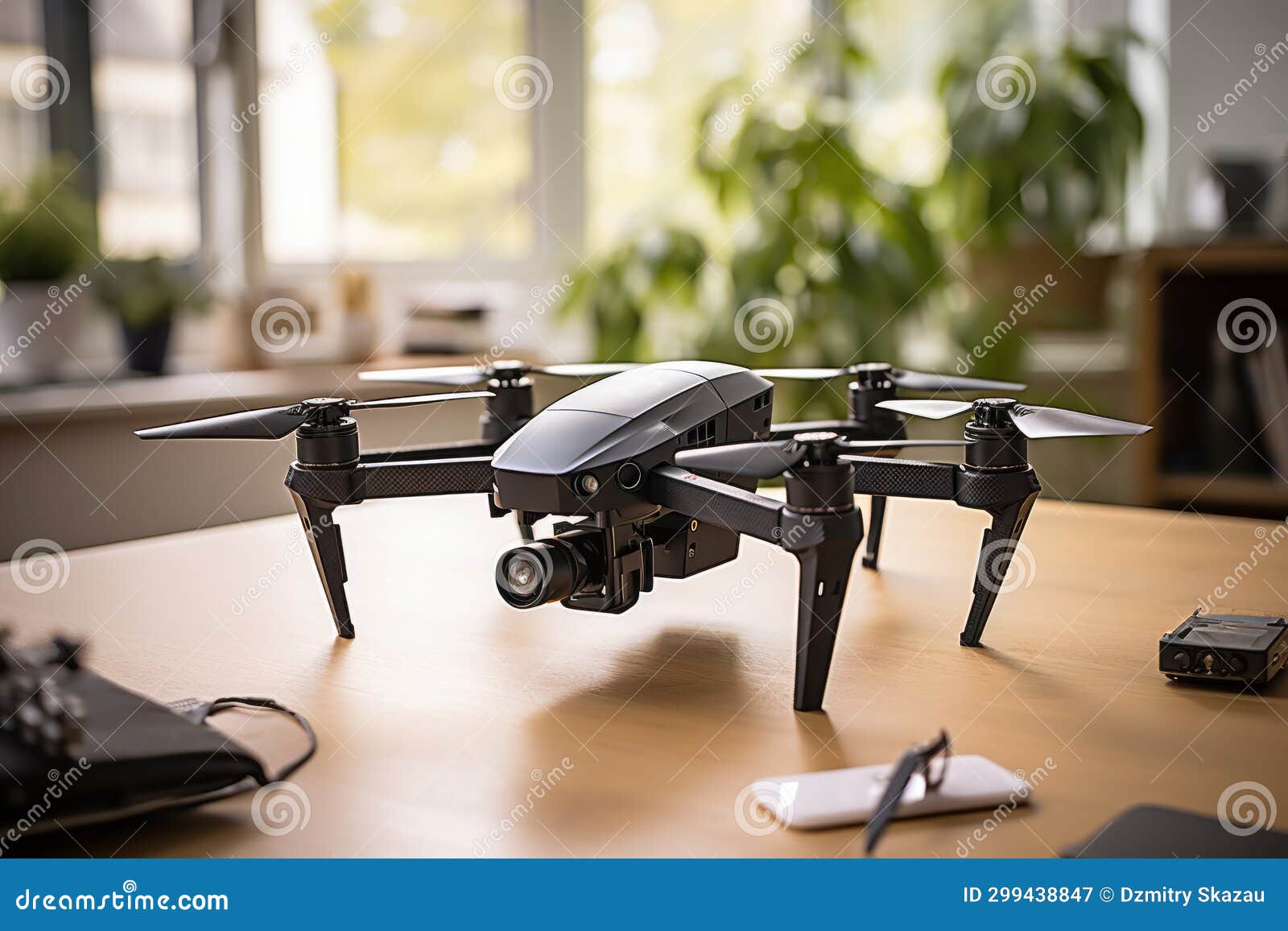 Modern Drone with a Video Camera on a Wooden Table Stock Illustration ...
