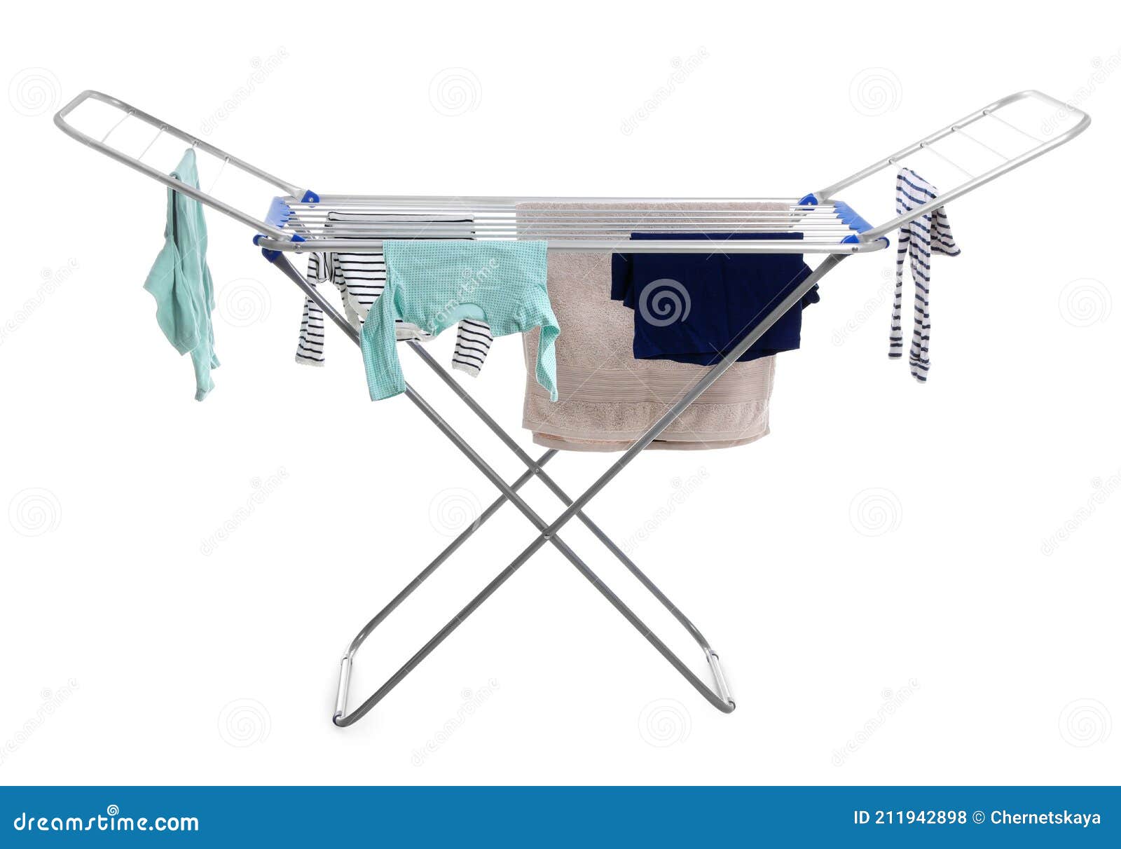 Modern Drying Rack with Clothes on White Background Stock Photo - Image ...