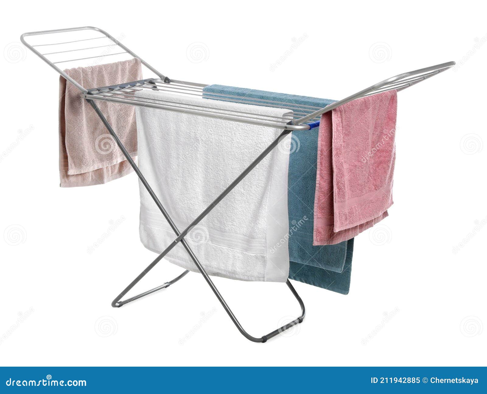 Modern Drying Rack with Towels on White Background Stock Image - Image ...