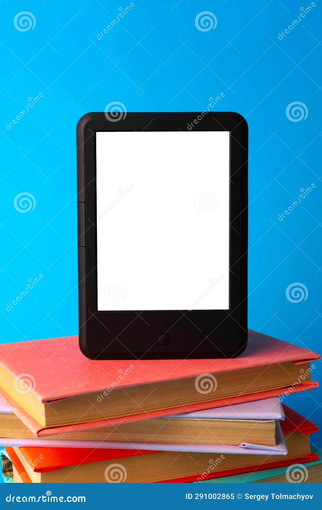 Modern E-book on Stack of Hardcover Books on Blue Background Stock ...
