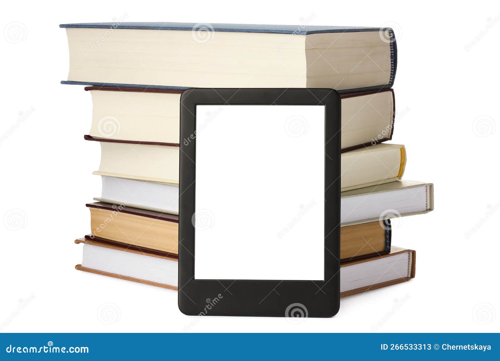 Modern E-book and Stack of Hardcover Books Isolated on White Stock ...