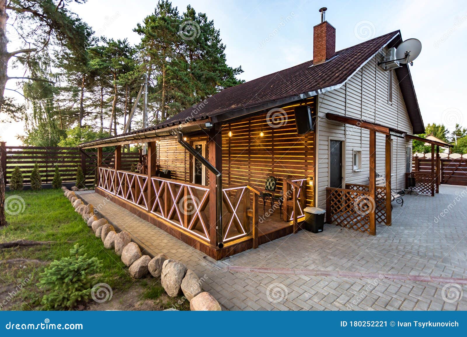 Modern Eco Country House in a Pine Forest at Sunset Stock Image - Image ...