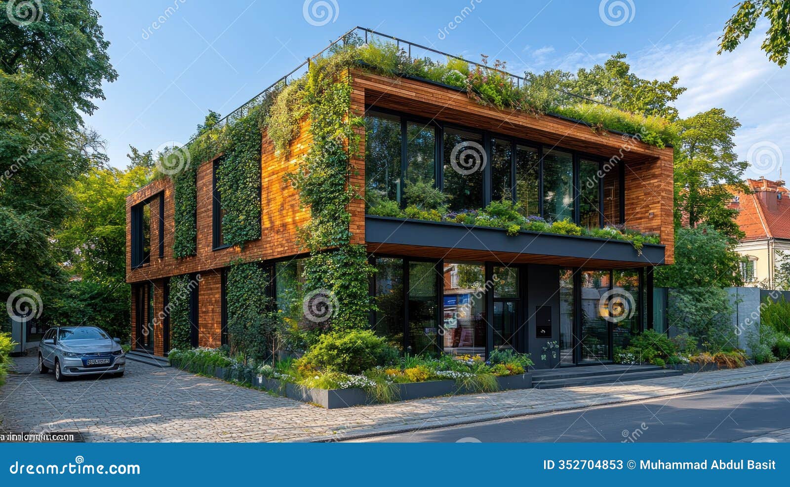Modern Eco-friendly Building Covered in Greenery and Surrounded by ...