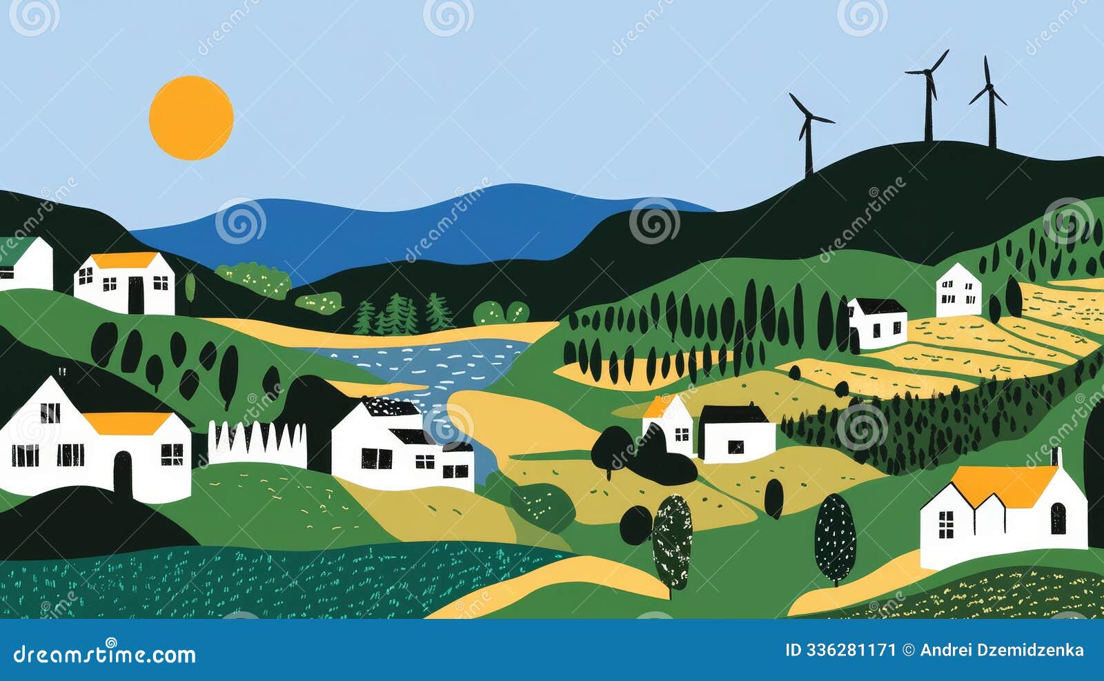 A Modern Eco-friendly Environment with Rolling Hills and Flowers in the ...