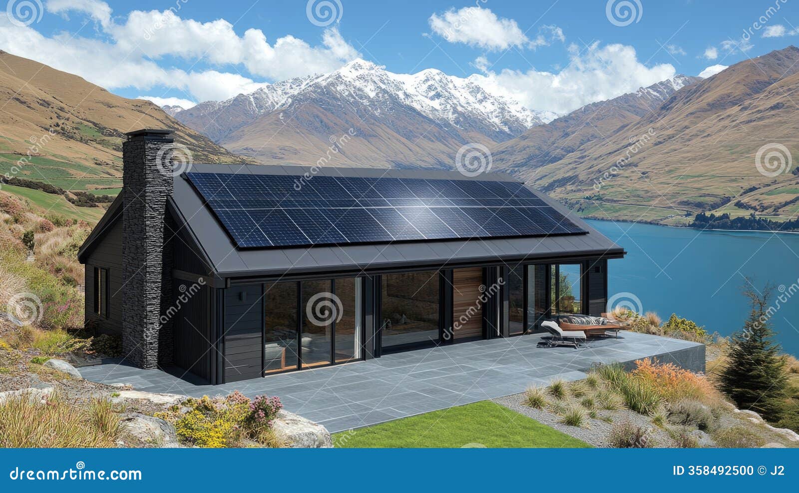 Modern Eco-friendly House with Solar Panels Overlooking Mountain Lake ...