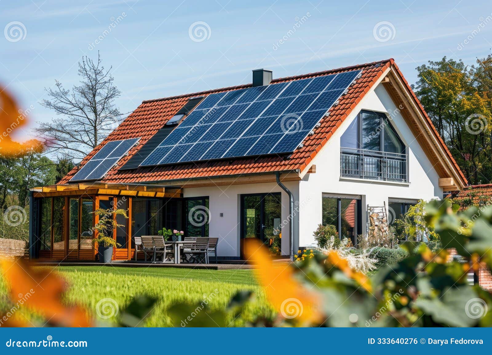 Modern Eco-Friendly House with Solar Panels in a Sunny Suburban Setting ...