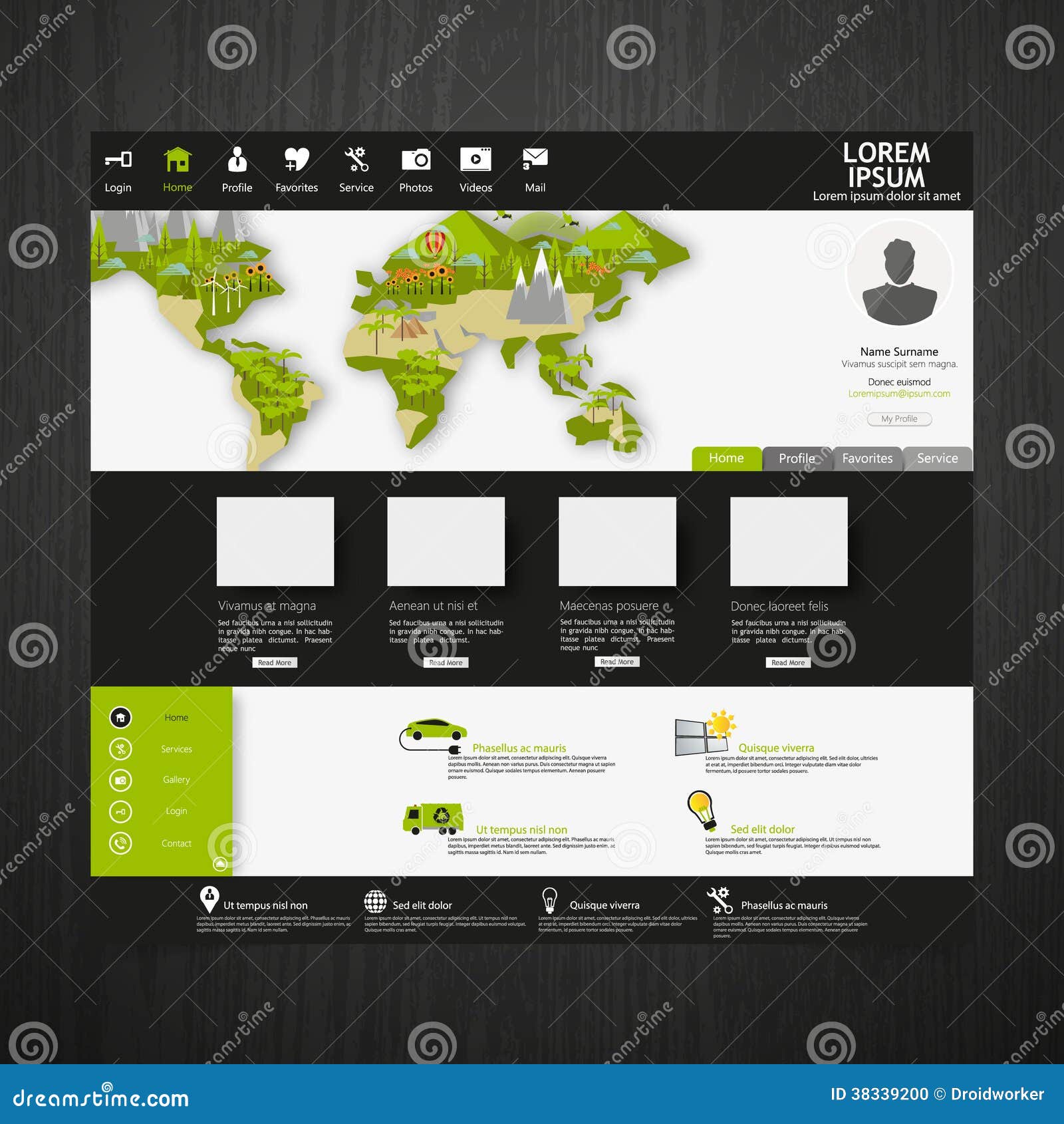 Modern Eco Website Template with Flat Eco Earth Map Illustration Stock ...