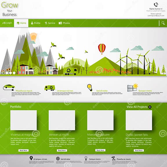 Modern Eco Website Template with Flat Eco Landscape Illustration Stock ...