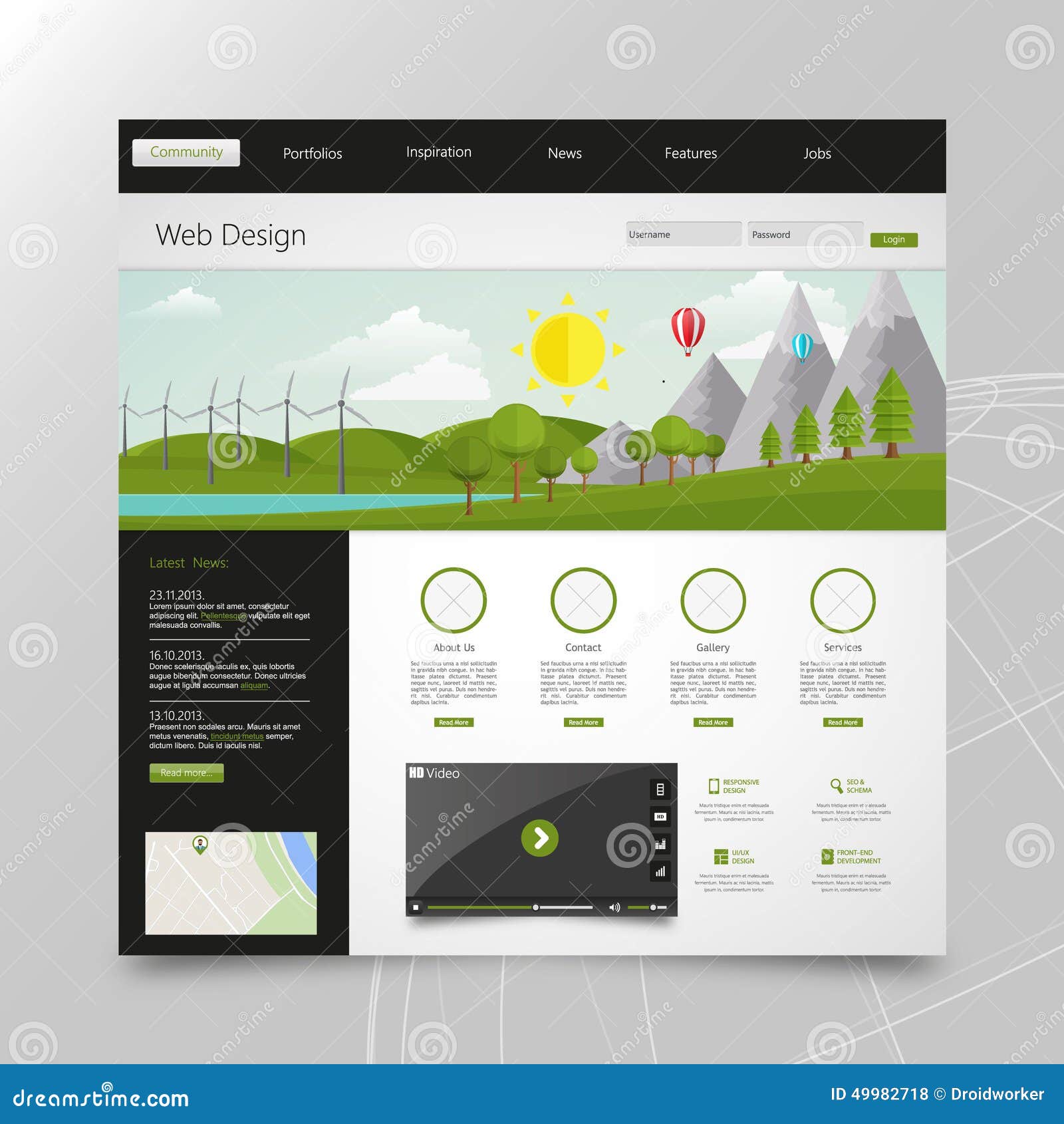 Modern Eco Website Template with Flat Eco Landscape Illustration Stock ...