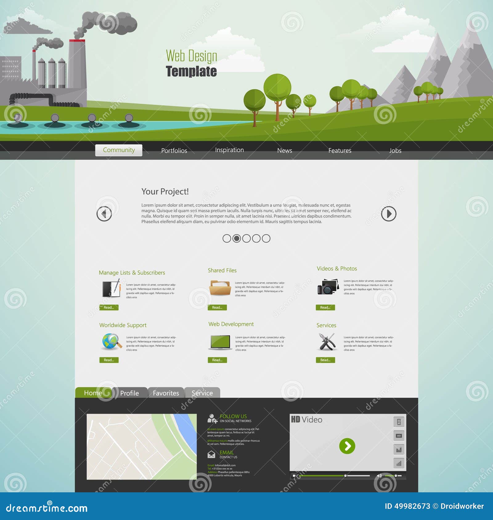 Modern Eco Website Template with Flat Eco Pollution Illustration Stock ...