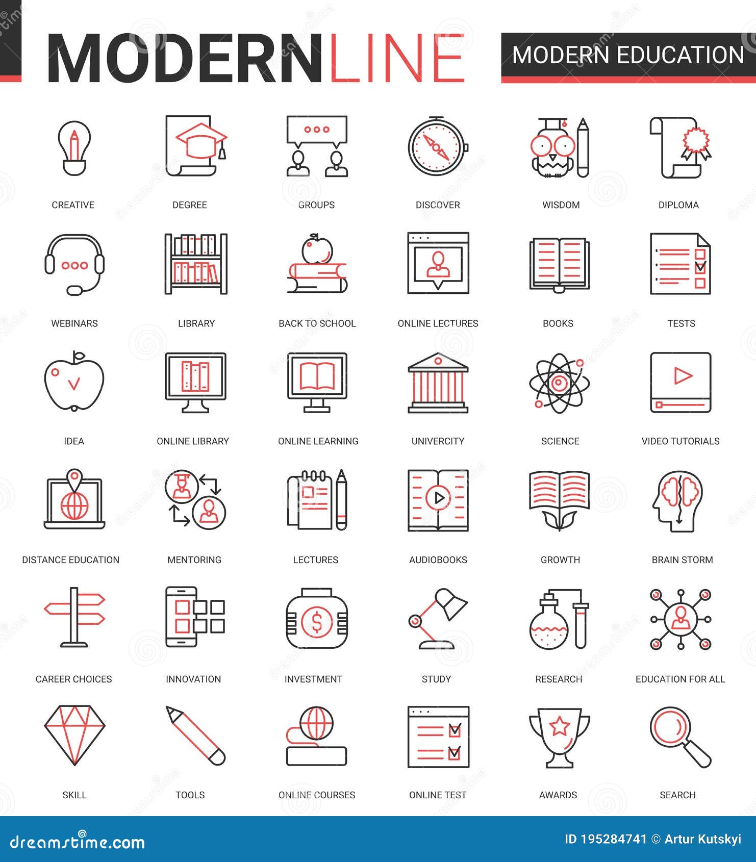 Modern Education Flat Thin Red Black Line Icons Vector Illustration Set ...