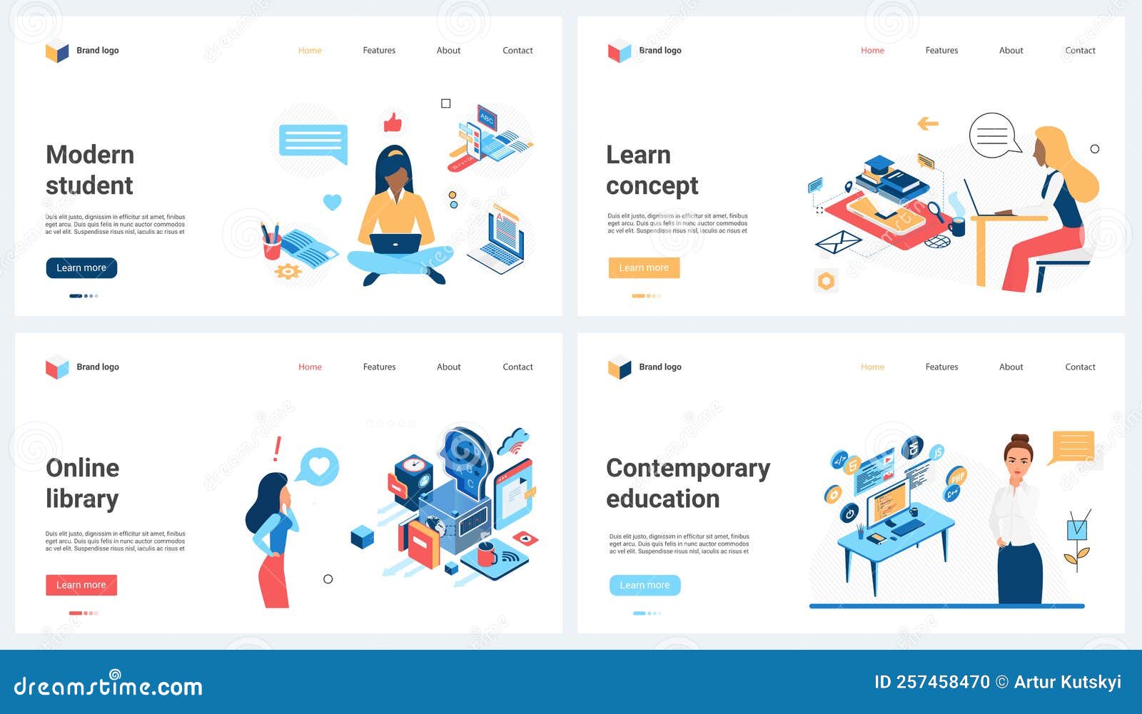 Modern Education, Online School and Course Set, Student Using Internet ...