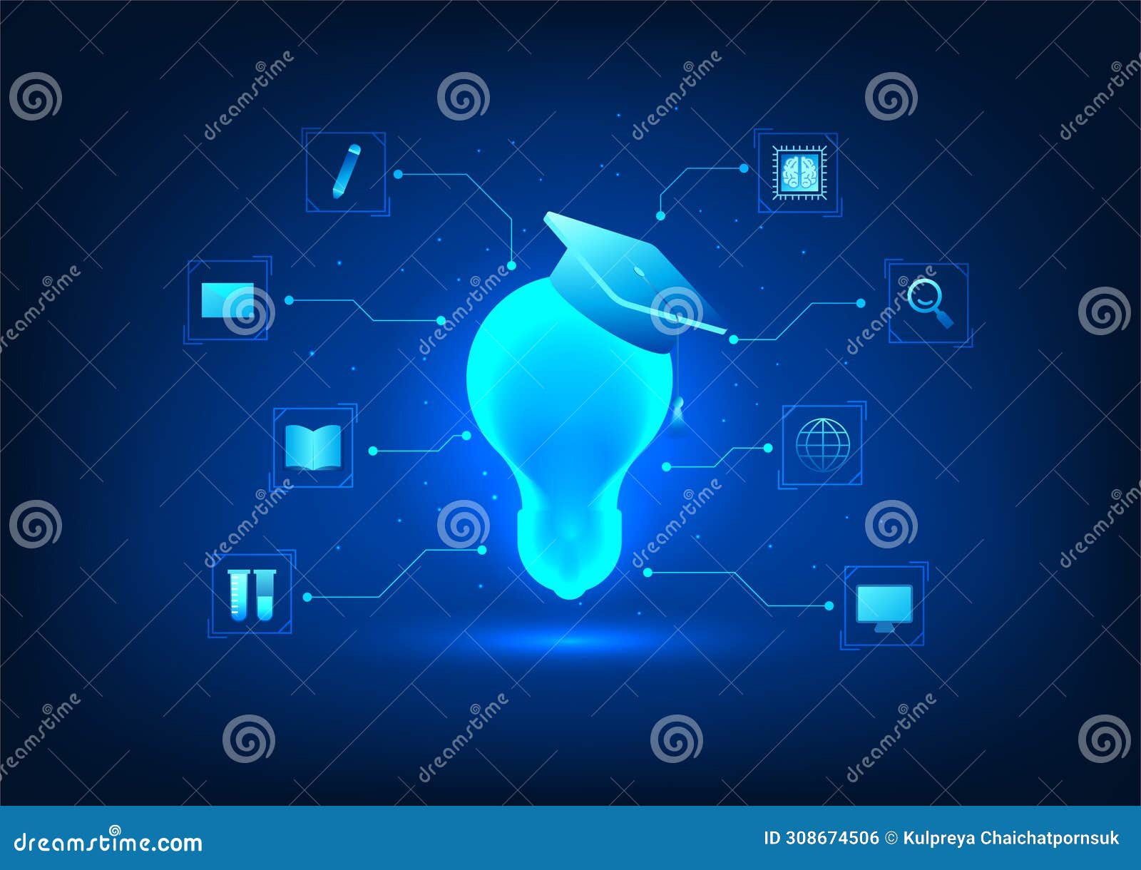 Modern Educational Technology Light Bulb and Degree Cap Connected Icon ...
