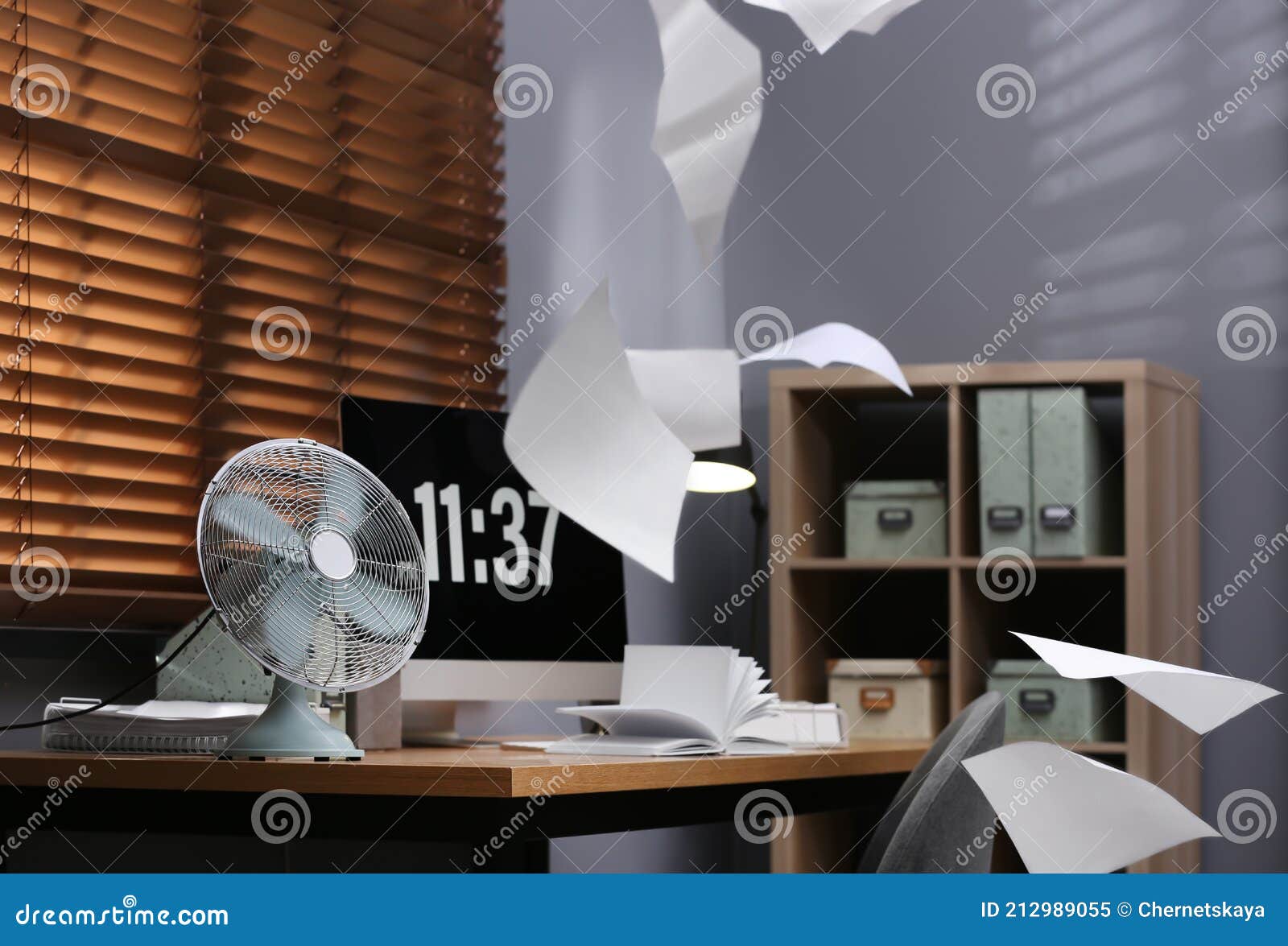Modern Electric Fan and Flying Paper in Office Stock Image - Image of ...