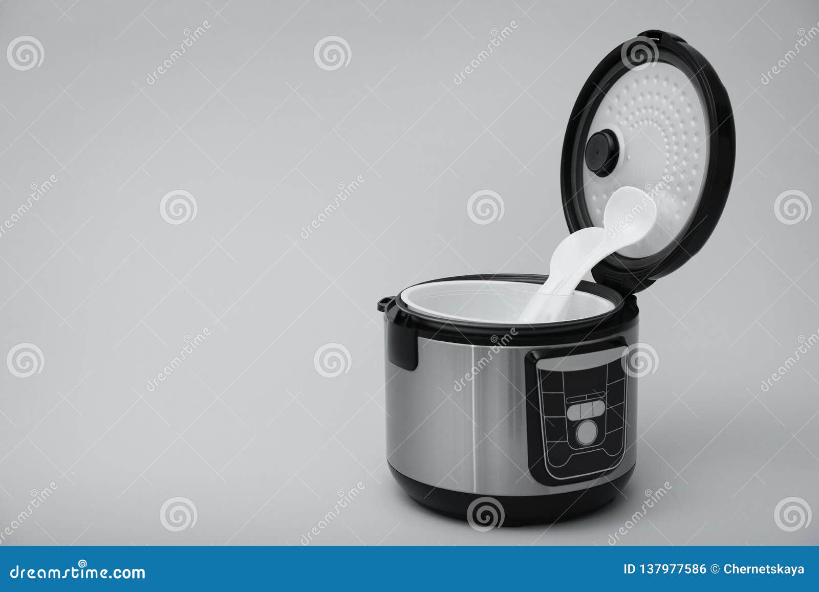 Modern Electric Multi Cooker, Parts and Accessories on Grey Background ...