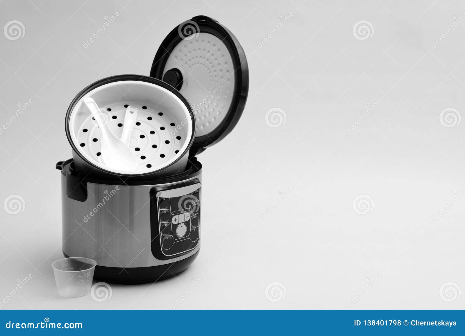 Modern Electric Multi Cooker, Parts and Accessories on Grey. Space for ...