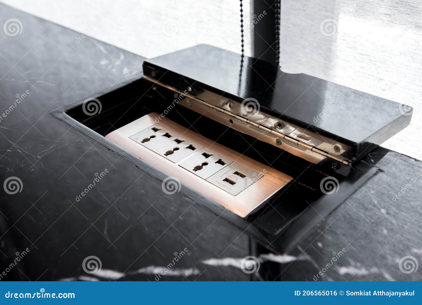Modern Electric Plugs Built in Table. Stock Photo - Image of black ...