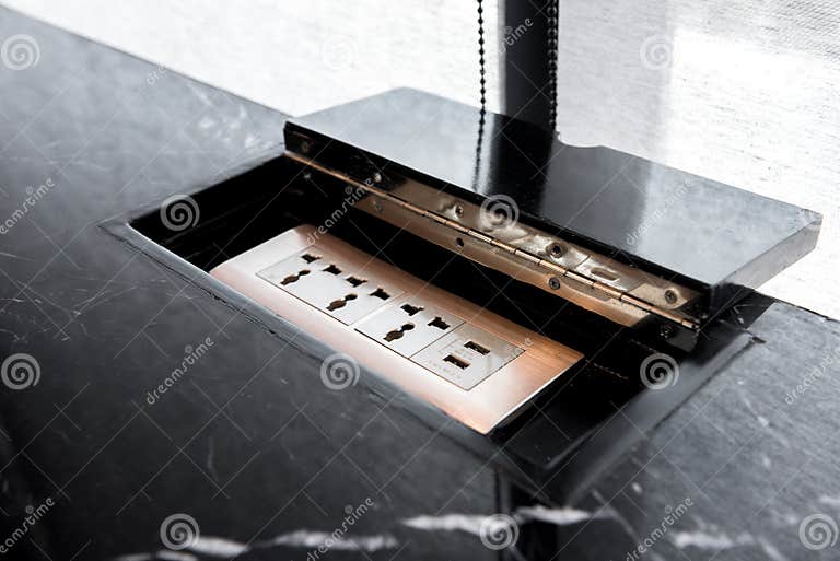 Modern Electric Plugs Built in Table. Stock Photo - Image of black ...