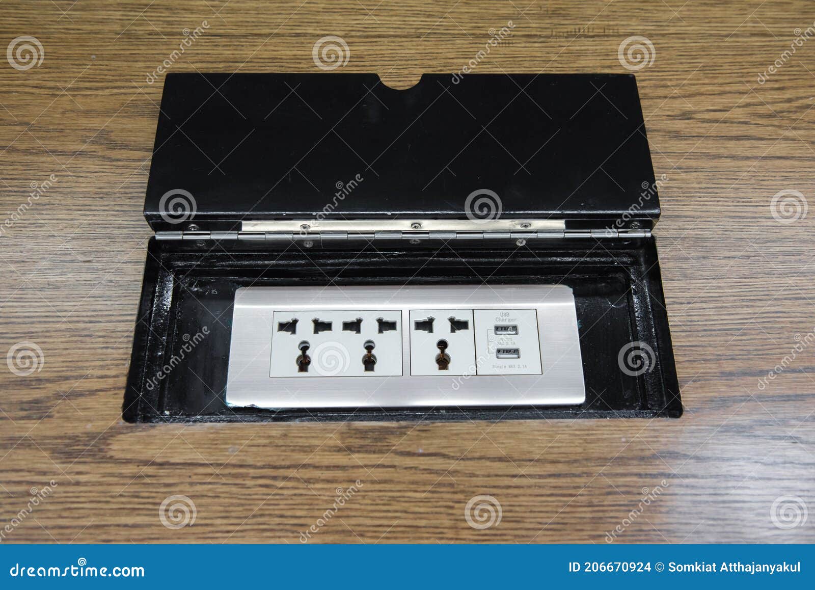Modern Electric Plugs Built in Table. Stock Photo - Image of dock ...