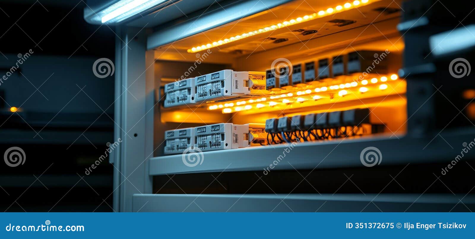 Modern Electrical Panel Illuminated Circuit Breakers And Wiring In Home ...