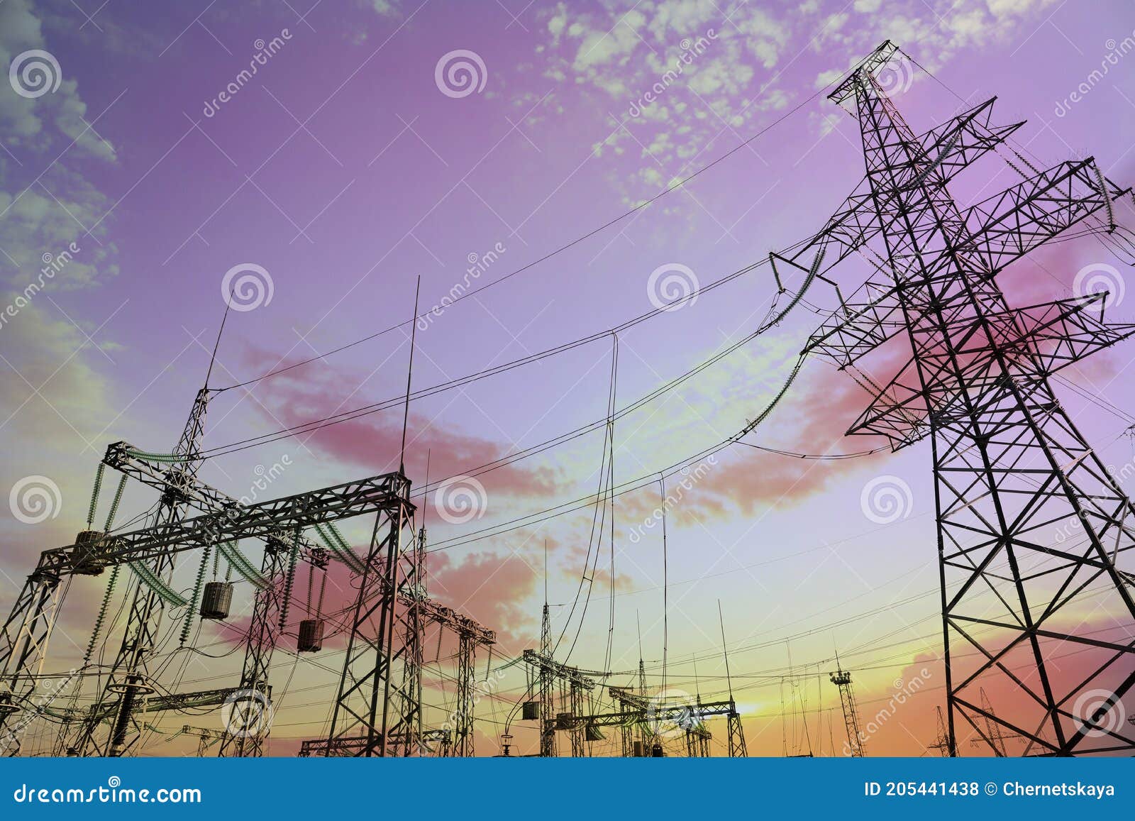 Modern Electrical Substation at Sunset, Low Angle View Stock Photo ...