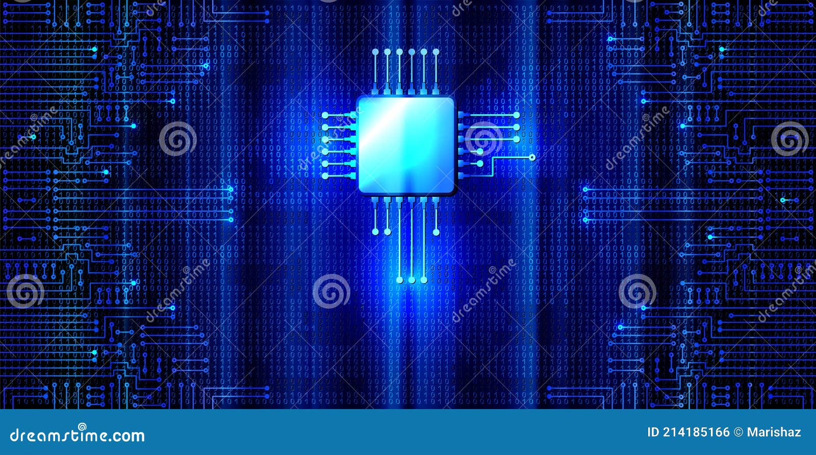 Modern Electronic Circuit and Binary Code on Blue Glowing Background ...
